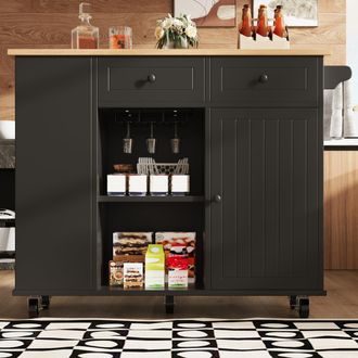 Generic K&uuml;cheninsel mit klappbarer Arbeitsplatte, gro&szlig;z&uuml;gigem Stauraum, Schublade und offenen Regalen - K&uuml;chenwagen mit Weinglashalter, Snackablage und Rollen