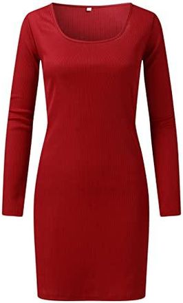Generic Robe amincissante &agrave; manches longues et col carr&eacute;, coupe ajust&eacute;e, taille haute, robe moulante 2026 pour femme, Rouge, L