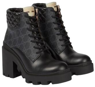 Gucci Black Monogram Leather and Canvas Biker Boots Size 38.5