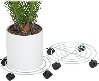 Relaxdays Pflanzenroller, 2er Set, Ø 32 cm, Blumentopfuntersetzer mit Rollen, Stahl, Blumenroller für innen, Silber