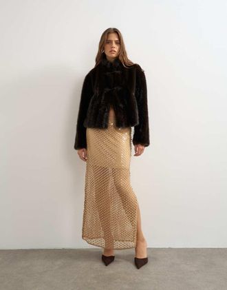 Topshop jupe longue colonne en tulle &agrave; sequins camel-Marron