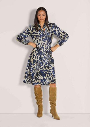 Madeleine Midikleid Elegantes Viskosekleid mit Blumenmuster Druckkleid mit V-Ausschnitt, Bindeband und langen &Auml;rmeln