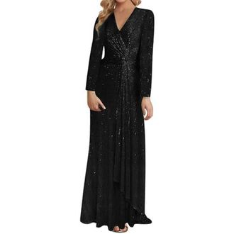 Generic Robe Femme Soiree Robe Cocktail Robe de Soirée Élégante À Manches Longues Et Sequins de Couleur Unierobe de Soirée Robe de Bal