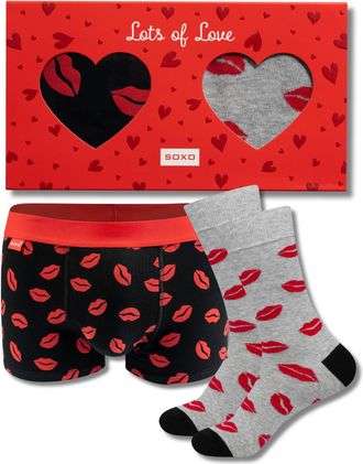 Soxo Valentinstag Boxershorts Herren Und Lustige Socken Geschenke M&auml;nner Baumwolle Lippen Boxershorts M + Socken 40-45