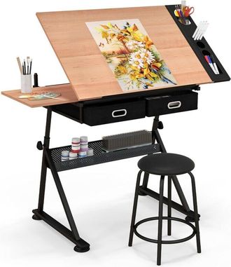 Costway Costway - Table à Dessin Inclinable avec Tabouret,2 Tiroirs Pour lArt et lArtisanat Hauteur Réglable Multifonctionnel,61,5 x 119 x (73,5-98) cm