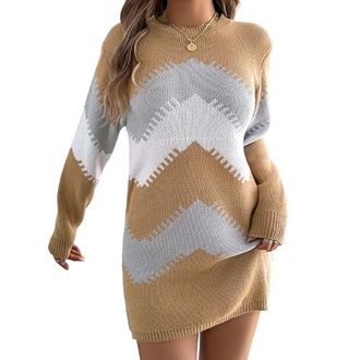 Generic Robe Pull Femme Tricotée Rayée Mini Bodycon à Manches Longues Col Rond Hiver Mode