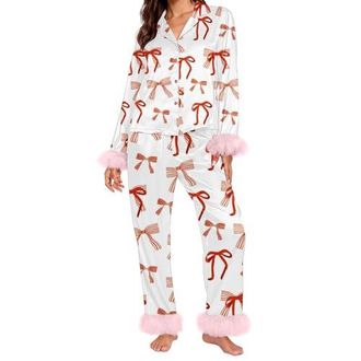 Generic Ensemble de pyjama en satin pour femme - V&ecirc;tement de nuit imprim&eacute; coeur - Haut et pantalon boutonn&eacute;s - Tenue 2 pi&egrave;ces - Pyjama en soie doux et confort