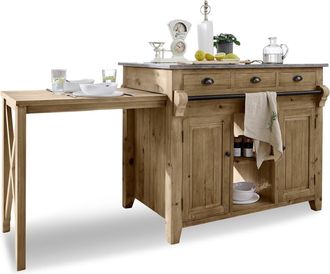 Loberon K&uuml;chenblock &Eacute;vain, inkl. Ausziehbarem Tischchen, Landhaus-Stil, Authentisches Antik-Finish, K&uuml;chenschrank, K&uuml;chenm&ouml;bel, Tannenholz, Naturstein, braun