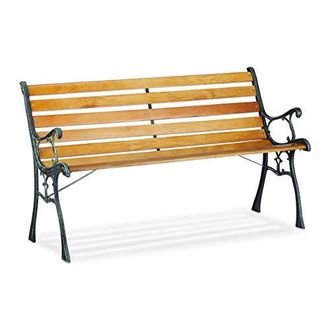 Relaxdays Gartenbank, 2-Sitzer, Holzstreben, Gusseisen, Outdoor, Balkon & Terrasse, Bank HBT 73,5 x 126 x 52,5 cm, natur