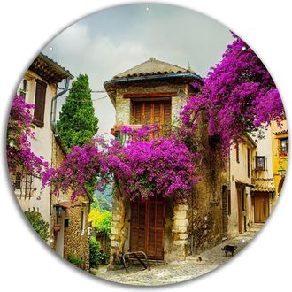 Wallario rundes Outdoor-Poster für Garten oder Balkon Malerische Stadt in der Provence mit bunten Blumen, Motivbanner 60 cm Durchmesser