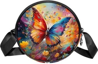 Generic Sac &agrave; bandouli&egrave;re rond pour femme, motif fleurs et papillons, sac &agrave; dos avec fermeture &eacute;clair, bretelles r&eacute;glables, sac &agrave; main rond d&eacute;contract&eacute; pour f