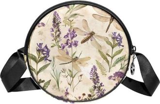 Generic Sac &agrave; bandouli&egrave;re rond pour femme, motif libellules avec fermeture &eacute;clair, bretelles r&eacute;glables, style d&eacute;contract&eacute;, pour femmes et filles
