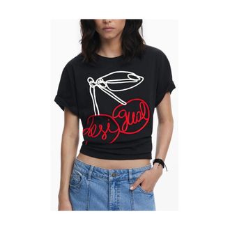 Desigual Femme, Tops, Noir, Taille: 42 FR T-shirt Femme en Coton Noir avec Broderie Chic