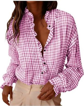 Generic Chemisier &agrave; carreaux &agrave; volants et col en V boutonn&eacute; &agrave; manches longues pour lautomne vintage daffaires et de travail Vichy mignon chemise pliss&eacute;e, rose