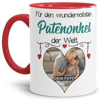 Tassendruck Tasse mit Spruch - Wundervollster Patenonkel der Welt - personalisiert mit Wunschfoto - Geschenkidee f&uuml;r den Patenonkel - Innen & Henkel Rot, 300 ml