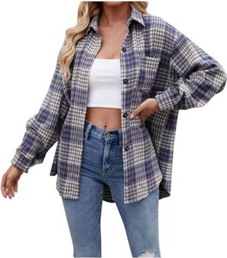 Generic Vestes dautomne d&eacute;contract&eacute;es pour femmes 2026 &agrave; carreaux mille oiseaux boutonn&eacute;e en flanelle, bleu, XXL