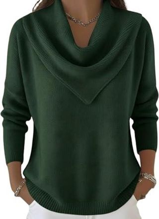 Generic Pull &eacute;l&eacute;gant r&eacute;tro doux &agrave; col triangulaire de couleur unie pour femme, col sophistiqu&eacute;, pull en tricot confortable &agrave; manches longues, Vert, XXL