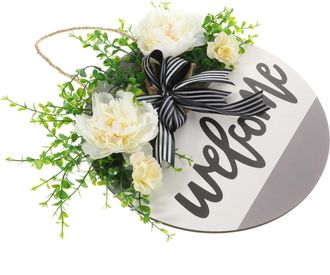 Valiclud Rustikales Hängendes Holz willkommensschild mit Künstlichen Blumen und Blättern Türdekoration für Haustür Garten Balkon Veranda als Geschenk und Deko 