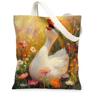 Generic Sac fourre-tout en toile Spring Goose pour le shopping, 33 x 38 cm, motif fleurs color&eacute;es, sac d&eacute;picerie r&eacute;utilisable pour femme, animal de voyage, pe
