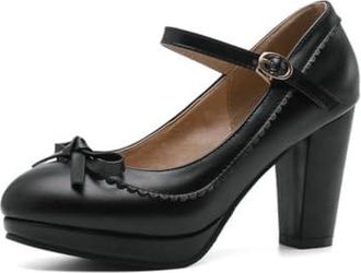 Generic Femmes Lolita Mary Jane Talons Bloc Talon Kawaii Casual Chaussures Noeud Robe De Soirée Pompes,Noir,44 EU