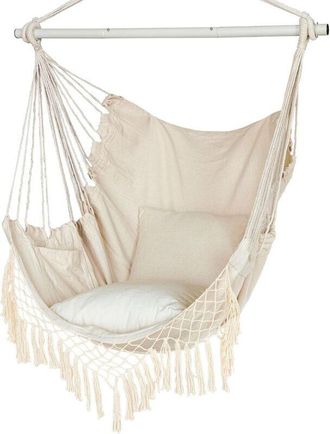 Apex Fauteuil hamac suspendu, balan&ccedil;oire en corde avec 2 coussins, poche lat&eacute;rale en macram&eacute; et barre m&eacute;tallique haute r&eacute;sistance
