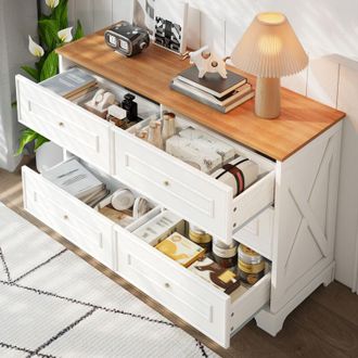 STILVORA Buffet et Enfilade avec 6 Tiroirs, Motif Grange et Poign&eacute;es Dor&eacute;es, Style Campagne, en MDF, 120&times;40&times;76 cm, Blanc