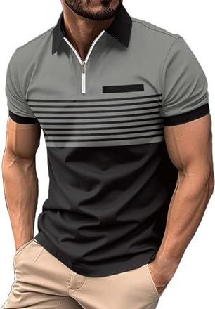 Generic Polo pour homme avec fermeture éclair - Polo à manches courtes à rayures - Polo en coton - Coupe droite - T-shirts de golf pour homme - T-shirt dété -