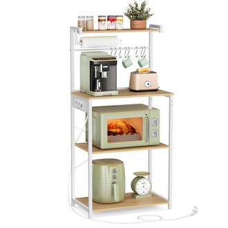 Vasagle K&uuml;chenregal mit Steckdosen, Standregal, Mikrowellen-Regal 4 Ebenen und 8 S-Haken, verstellbare Ablage, K&uuml;chenrollenhalter, 40 x 60 x 140 cm, goldeiche