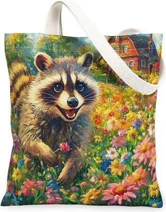 Generic Sac fourre-tout en toile de raton laveur pour le shopping, 33 x 38 cm, sac d&eacute;picerie r&eacute;utilisable pour femme, motif floral, ferme, plage, esth&eacute;tique, 