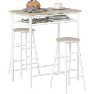 HOMCOM Bartisch Set Bartisch mit 2 Barhockern Essgruppe K&uuml;chentisch mit Lagerregal Esstisch f&uuml;r Esszimmer, K&uuml;che, Wei&szlig; - Homcom