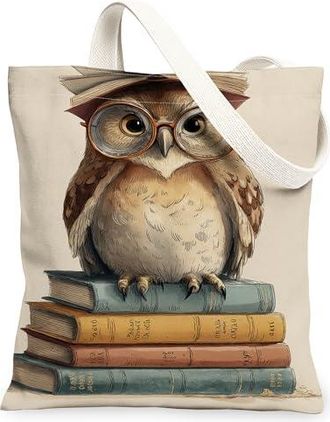 Generic Sacs fourre-tout vintage en toile motif hibou, motif oiseau fantaisie, sacs d&eacute;picerie r&eacute;utilisables, l&eacute;gers et lavables en toile pour Tr, beige, 13x15