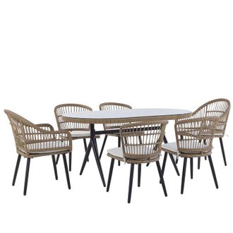 Beliani Beliani - Ensemble de repas de jardin table et 6 chaises en rotin PE - Pieds en acier noir - Coussins en polyester - Plateau en verre tremp&eacute;