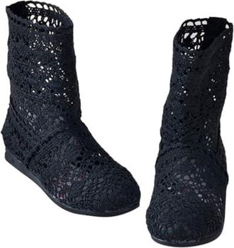 Minetom Femme Été Automne Mode Creux Dentelle Courtes Bottes Talon Plat Bottines Fermeture Eclair Cheville Boots B2 Noir 36 EU