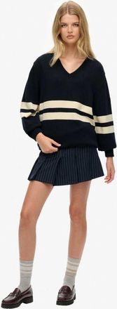 Superdry Oversize-Pullover in kr&auml;ftigem Marineblau mit V-Ausschnitt und Streifen
