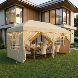 Songmics Tente de Jardin, 6 x 3 m, Portable, Pavillon Pliant, Protection Solaire, avec Parois, Usage Ext&eacute;rieur, Beige