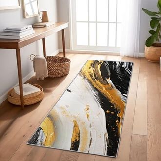 Generic Tapis de Couloir 60 x 180 cm Antiderapant, Luxueux Abstrait Texture incurvée Lavable en Machine Poil Ras Decoration Tapis - Noir et Or Descente de Lit