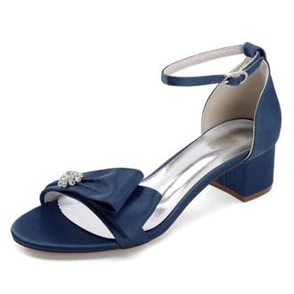 Generic Femmes Mari&eacute;e Chunky Heels Sandales Chaussures Satin&eacute;e Bout Ouvert Talons Bas Dress F&ecirc;te Mariage Soir&eacute;e Chaussures 4.5Cm,Dark Blue,36 EU