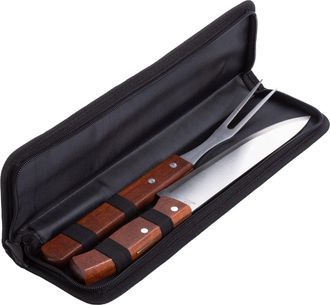 Brandsseller Grillbesteck 2-teilig - Steakmesser (18 cm Klinge) & Fleischgabel, Edelstahl mit Holzgriff, 33 cm, inkl. Reißverschlusstasche