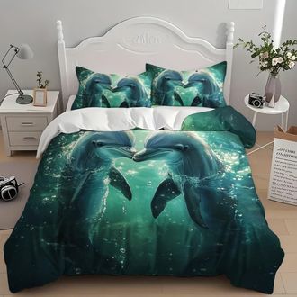 Generic Delfin Bettw&auml;sche 155x220 3D Drucken Fluoreszierendes Gr&uuml;n Bettw&auml;sche-Sets Weiche Kuschelig Mikrofaser Bettbezug mit 2 Kissenbez&uuml;ge 80x80 cm mit Rei&szlig;v