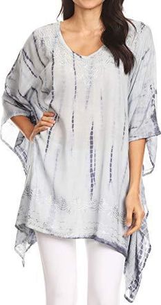 Sakkas K2022S - Wren Lightweight Circle Poncho Top Blouse with Detailed Embroidery - TD-Black - OS