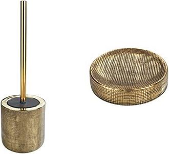 WENKO WC-Garnitur Rivara, hochwertiger Bürstenhalter, Ø 11,5 x 40 cm, Gold & Seifenablage Rivara, Seifenschale zur Aufbewahrung von Handseife, Ablage aus ho
