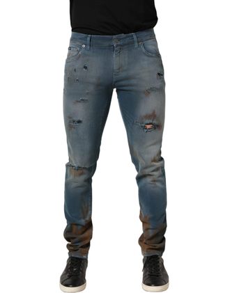 Dolce & Gabbana Mens Blue Distressed Mid Waist Skinny Denim Jeans Cotton Elastane Clothing