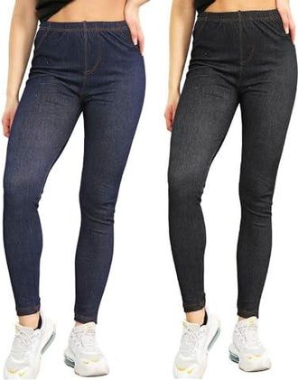 Generic Lot de 2 leggings en jean pour femme Coupe ajustée Taille UK, Noir et bleu., 44
