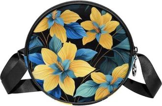 Generic Petit sac &agrave; bandouli&egrave;re circulaire pour femme, motif feuilles de fleurs, sac &agrave; dos avec fermeture &eacute;clair, bretelles r&eacute;glables, sac &agrave; main rond d&eacute;contr