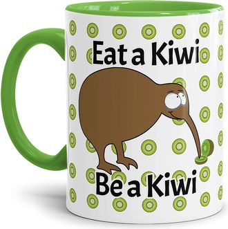 Tassendruck Keramik Tasse mit Spruch - Kiwi Tasse - Eat a Kiwi Be a Kiwi - Geschenkideen für Familie, Freunde und Kollegen - Innen & Henkel Hellgrün, 300 ml