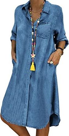 ORANDESIGNE Robe Été Femme De Plage Rétro Denim Robes Col V Casual Tuniques Ample Bouton Chemise Longue Chemisier en Jean Mini Robe G Bleu 3XL