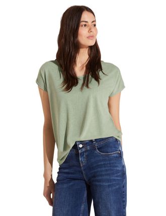 Street One Damen Materialmix T-Shirt A321475, Soft Moss Green, 46