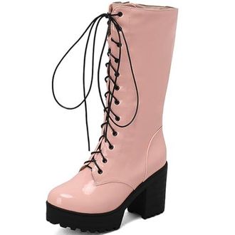 SJJH Bottes mi-longues &agrave; lacets r&eacute;glables | Bottes pour femme pour temps frais, talon 9,5 cm, fermeture &eacute;clair lat&eacute;rale, doublure chaude, Rose, 36 EU