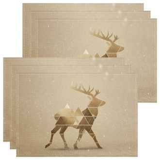 Generic Winter Gold Geometrische Hirsch Tischsets Beige Moderne Tischsets f&uuml;r Urlaub Essen rutschfest Waschbar Indoor Outdoor Dekorative Tischsets Set von 6
