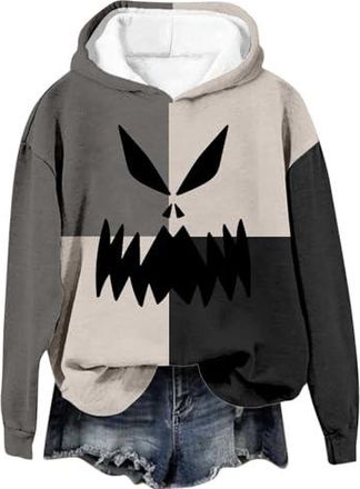 Generic Vestes pour femmes 2026 Pull &agrave; capuche color&eacute; avec imprim&eacute; visage dHalloween Veste polaire douce d&eacute;contract&eacute;e, gris, L